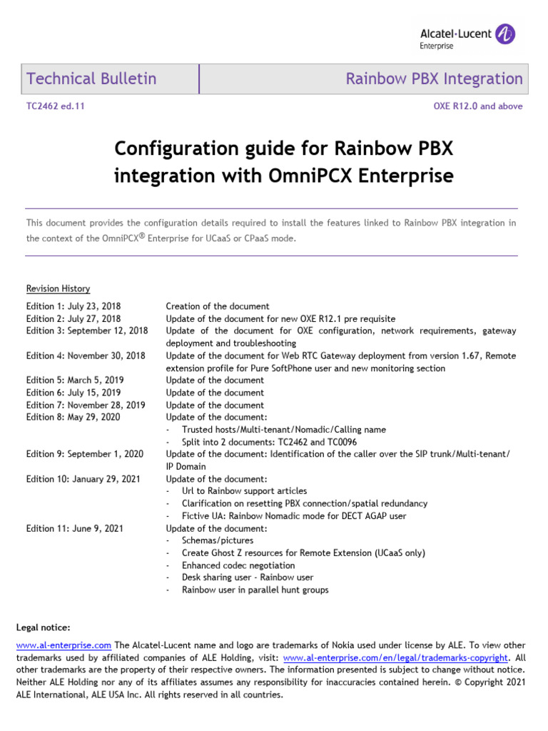 TC2462en-Ed11 Configuration Guide For Rainbow PBX Integration With OmniPCX Enterprise | PDF ...