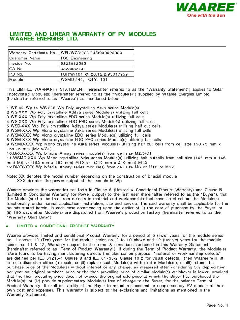 Waaree Gurantee Certificate | PDF | Solar Panel | Damages