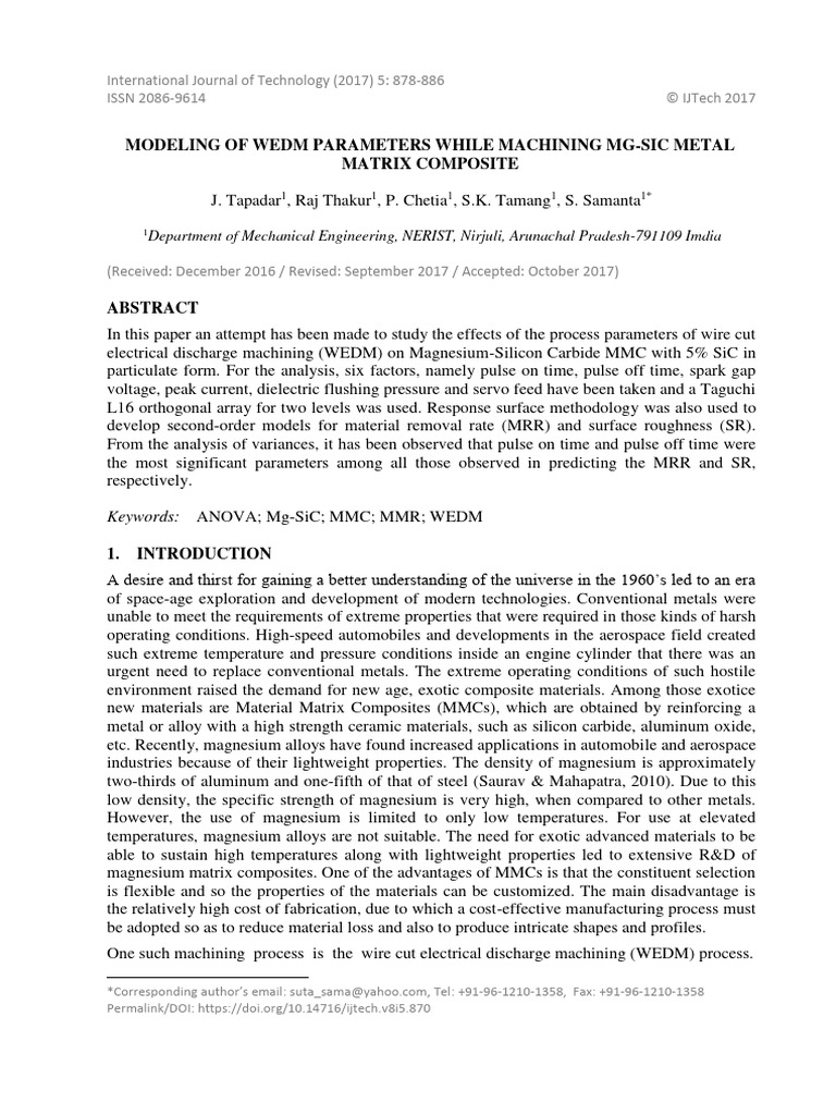 IJTech ME 870 Modeling of WEDM Parameters While Machining MgSiC | PDF | Machining | Errors And ...