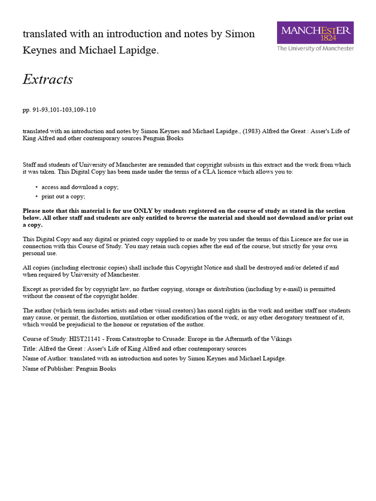 Asser's Life of King Alfred Excerpts | PDF | Copyright | Monastery
