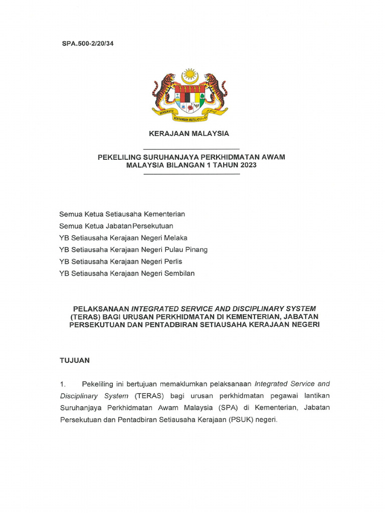 Pekeliling Spa Bil 1 Tahun 2023 Pelaksanaan Teras Bagi Urusan Perkhidmatan | PDF
