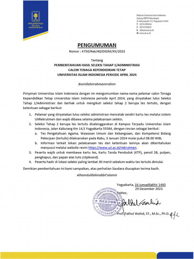 Pengumuman Hasil Seleksi Tahap 1 Rekrutmen Tendik April 2024 | PDF