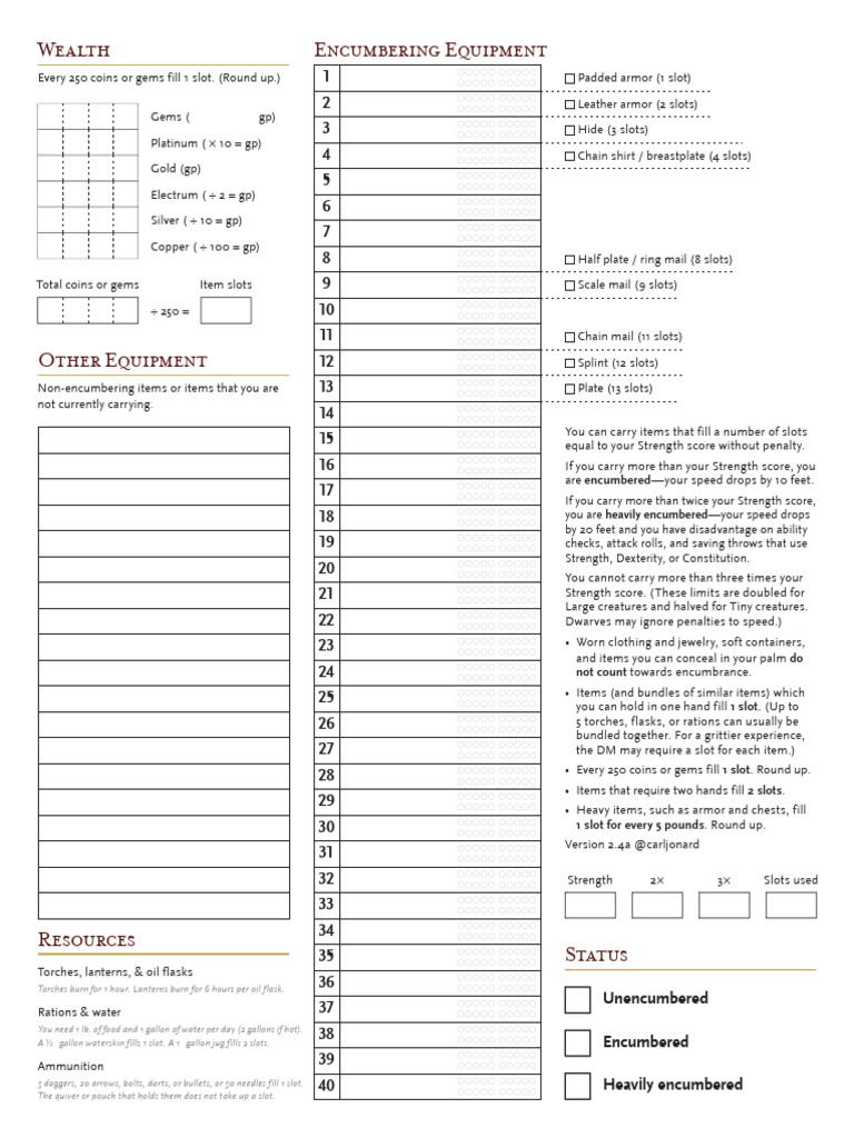 5e Inventory Tracking Sheet (Alternate) | PDF | Clothing | Human Body