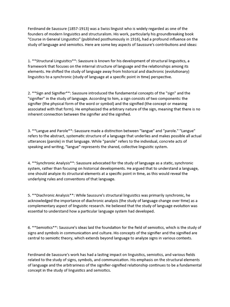 Ferdinand de Saussure | PDF | Semiotics | Linguistics