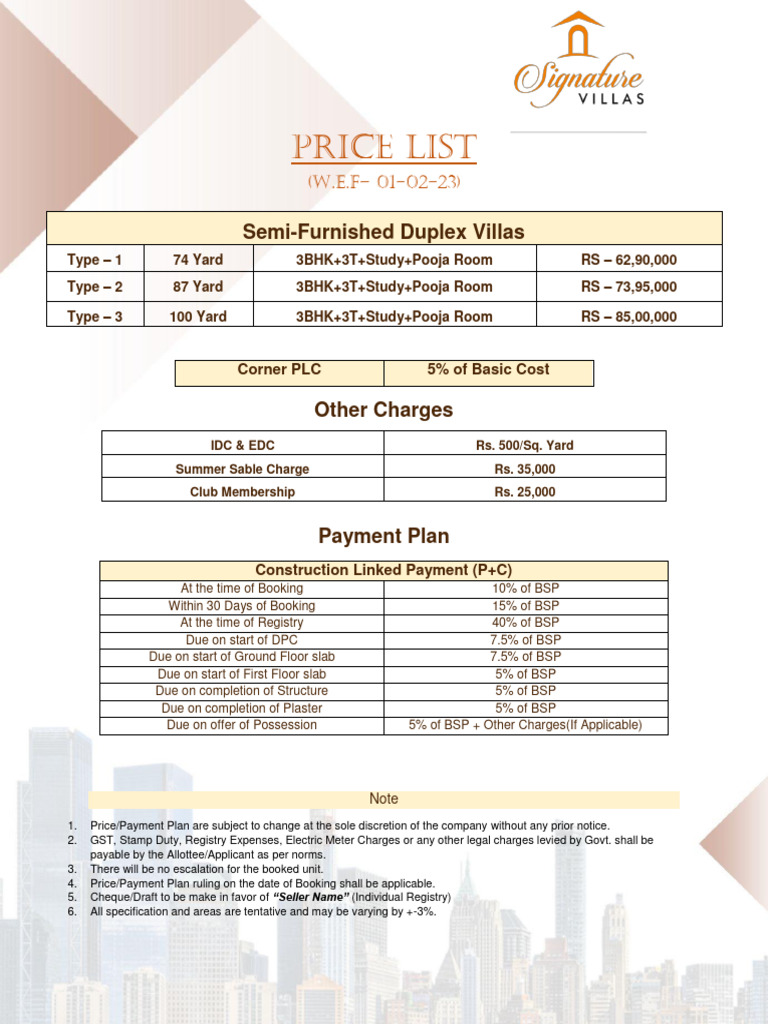 Price List-Signature Villas | PDF | Payments | Taxes