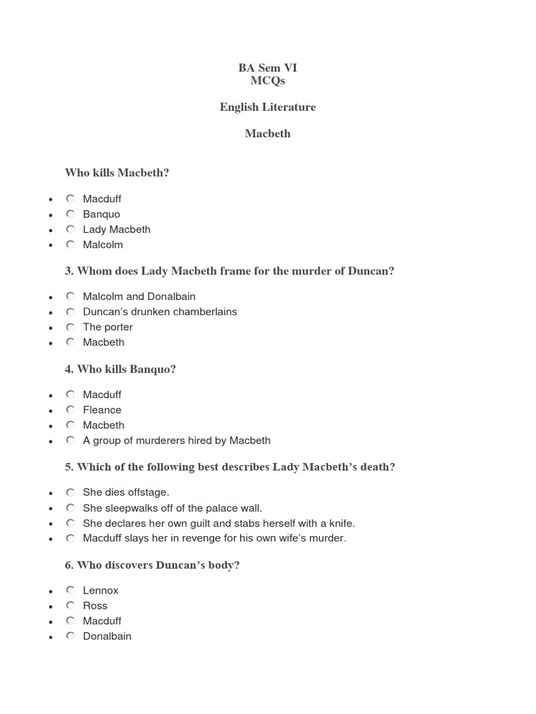 Macbeth MCQs for Literature Students | PDF