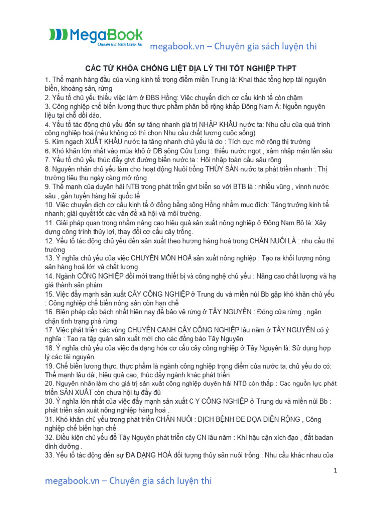 Các Từ Khóa Chống Liệt Địa Lý Thi Tốt Nghiệp THPT | PDF