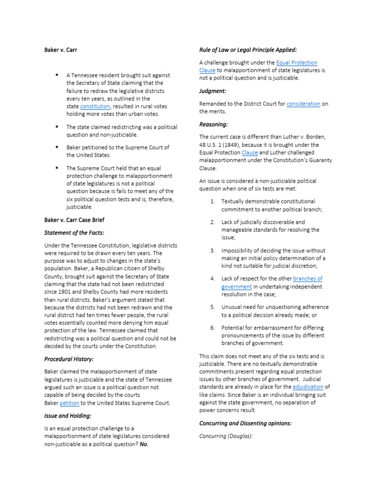 Baker V Carr Case Digest | PDF | Baker V. Carr | Equal Protection Clause