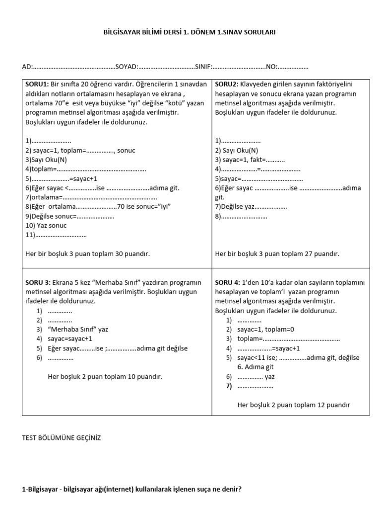 Bilgisayar Bilimi Dersi 1. Donem 1. Sinav ORNEK 6 | PDF