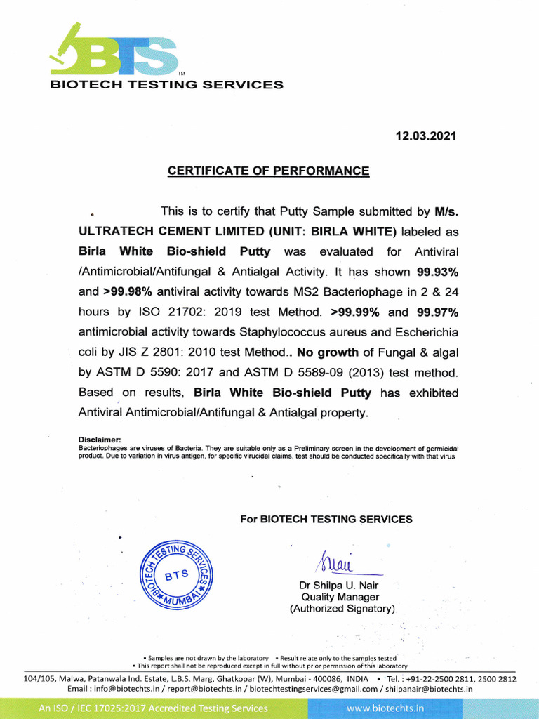 Bio Shield Putty Accredited Testing Report | PDF