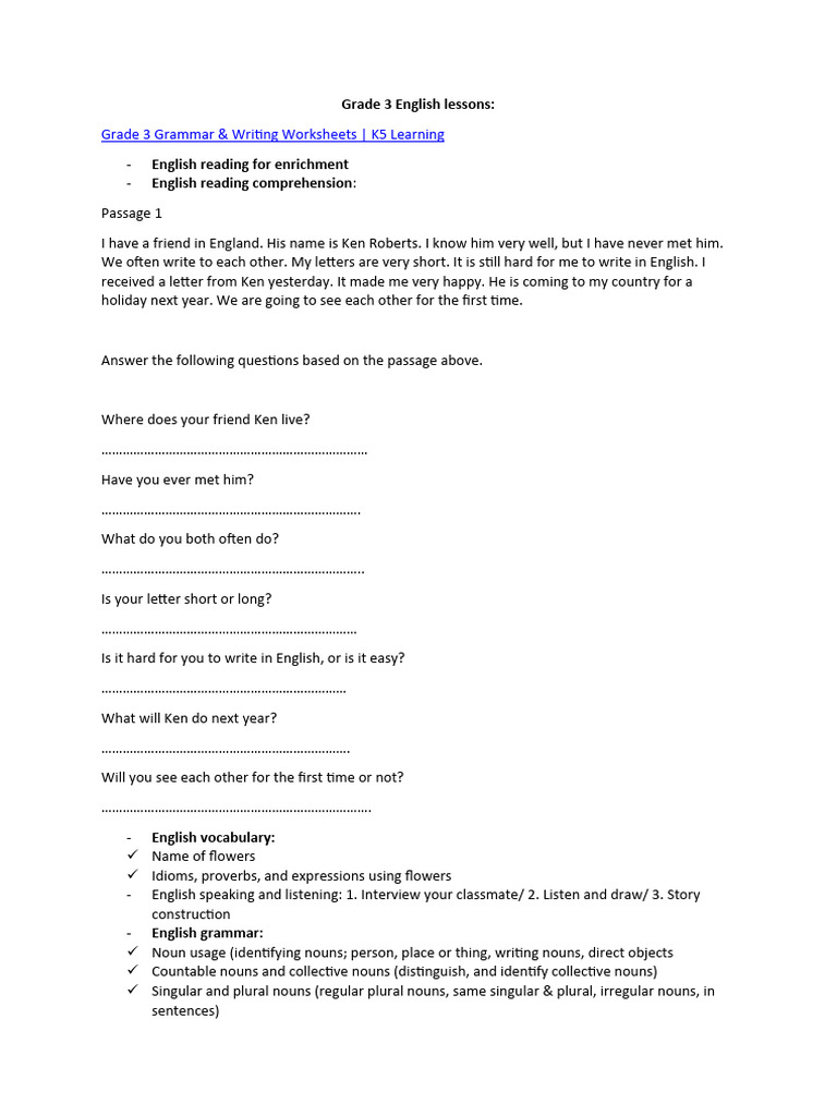 English Check List - Grade 3 | PDF | Verb | Noun