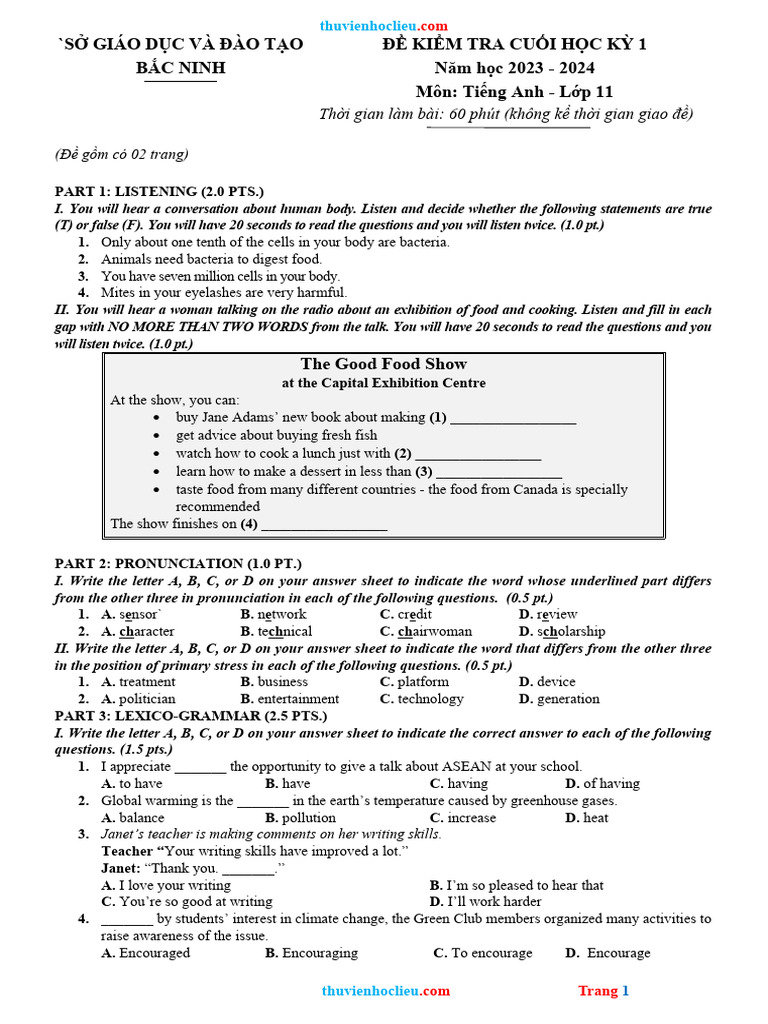 De Thi HK1 Tieng Anh 11 Bac Ninh 23 24 | PDF