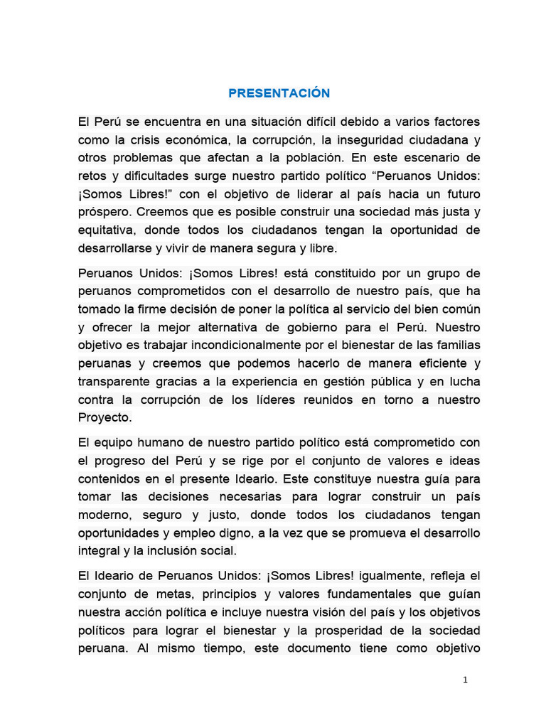 IDEARIO Peruanos Unidos SOMOS LIBRES (Nov. 2023) | PDF | Ciencias sociales