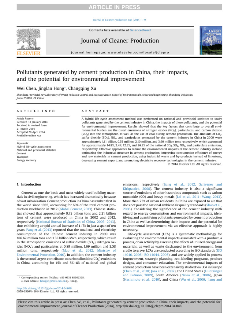 Journal of Cleaner Production: Wei Chen, Jinglan Hong, Changqing Xu ...