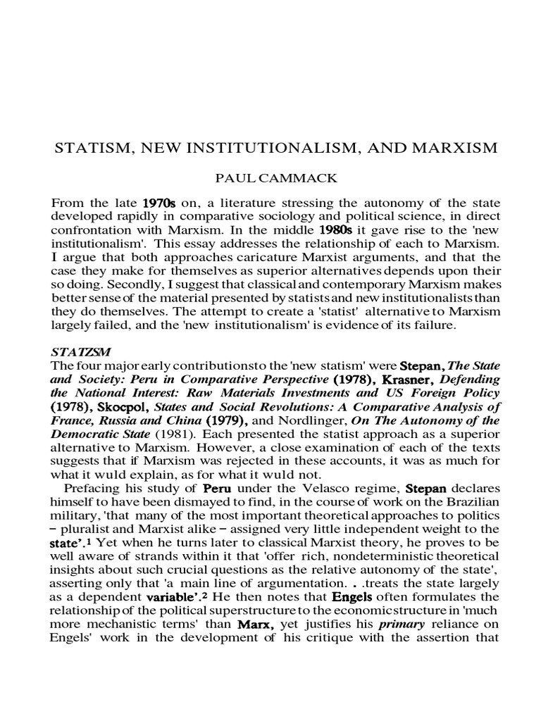 Paul Cammack, Statism, New Institutionalism, and Marxism | PDF ...