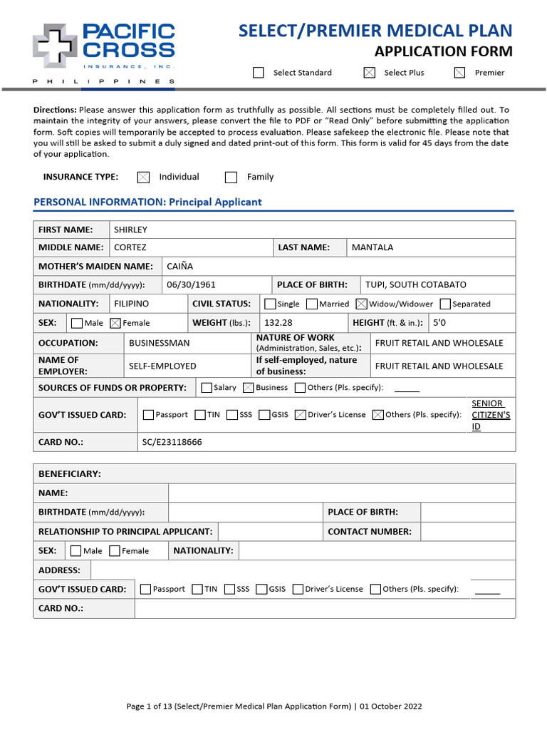 Select Premier Medical Plan App Form PCII - Fil-2022-10 (October 01) | PDF