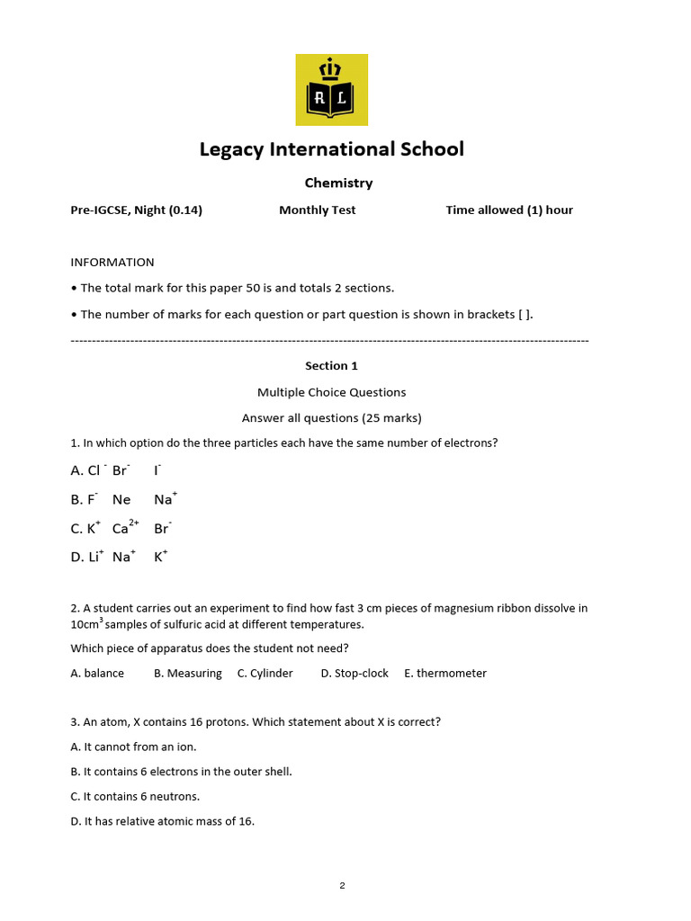 Pre IG 0.14 (Night), Chemistry, Monthly Test | PDF | Ion | Atoms