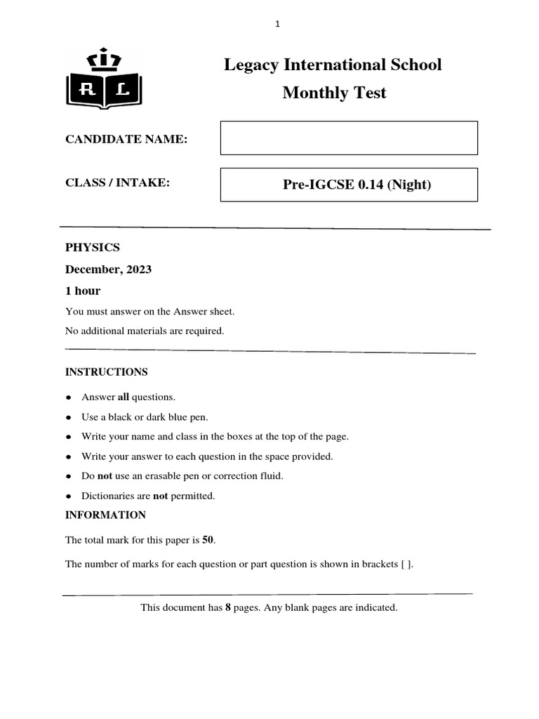 Pre-IG 0.14 Physics (Night) Decemeber Monthly Test (2023) | PDF