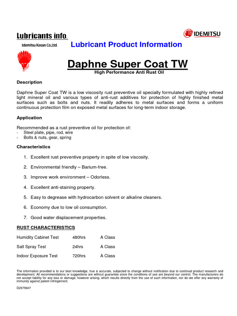 Daphne Super Coat TW | PDF | Rust | Lubricant