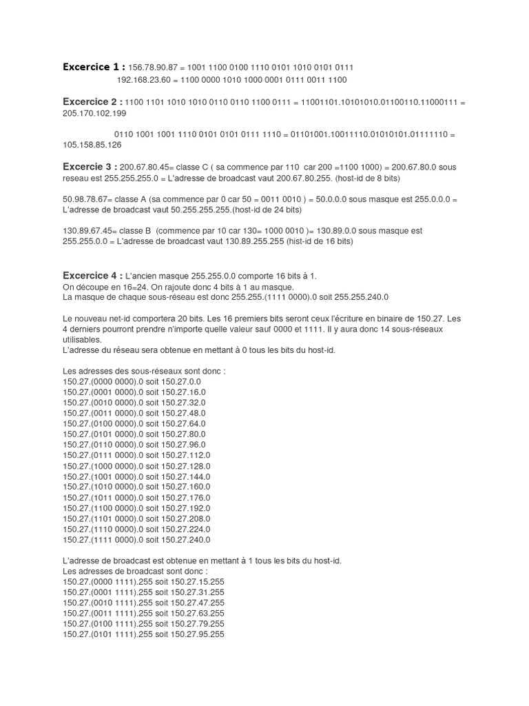 Exercice Binaire | PDF | Informatique | Réseau étendu