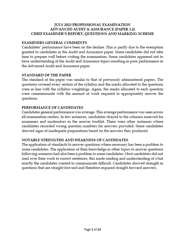 Advanced Audit Assurance Paper 3.2 July 2023 | PDF