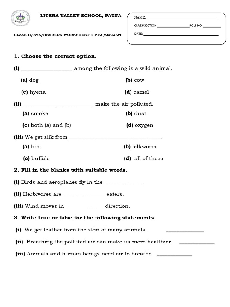 Class2 - PT2 Examination - EVS Revision Worksheet - Priya Chatterjee | PDF