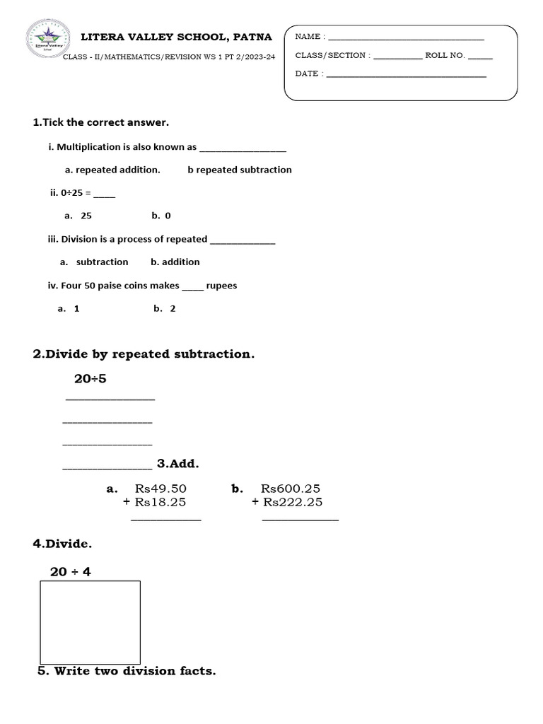 Class2 - PT 2 Maths Revision Worksheet 1 | PDF