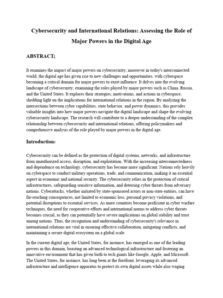Cybersecurity and International Relations: Assessing The Role of Major Powers in The Digital Age ...