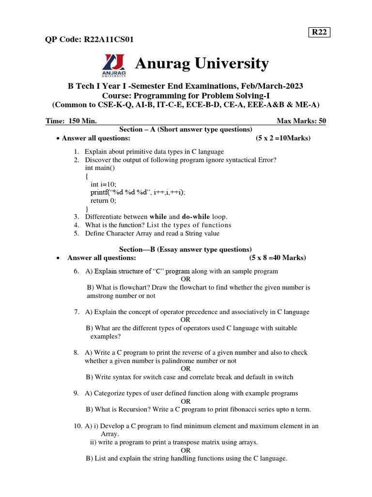 Programming For Problem Solving-I - Set-I - CSE-K-Q, AI-B, IT-C-E, ECE ...
