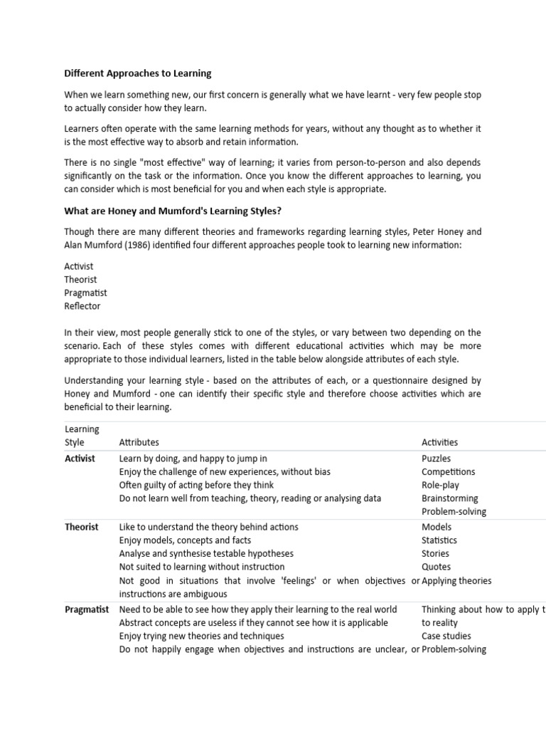 Different Approaches To Learning | PDF