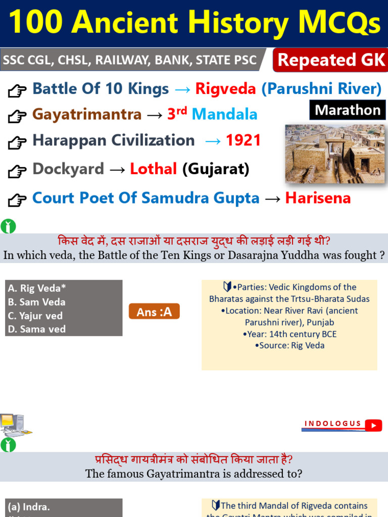 Top 100 Ancient History MCQs | PDF | Vedas