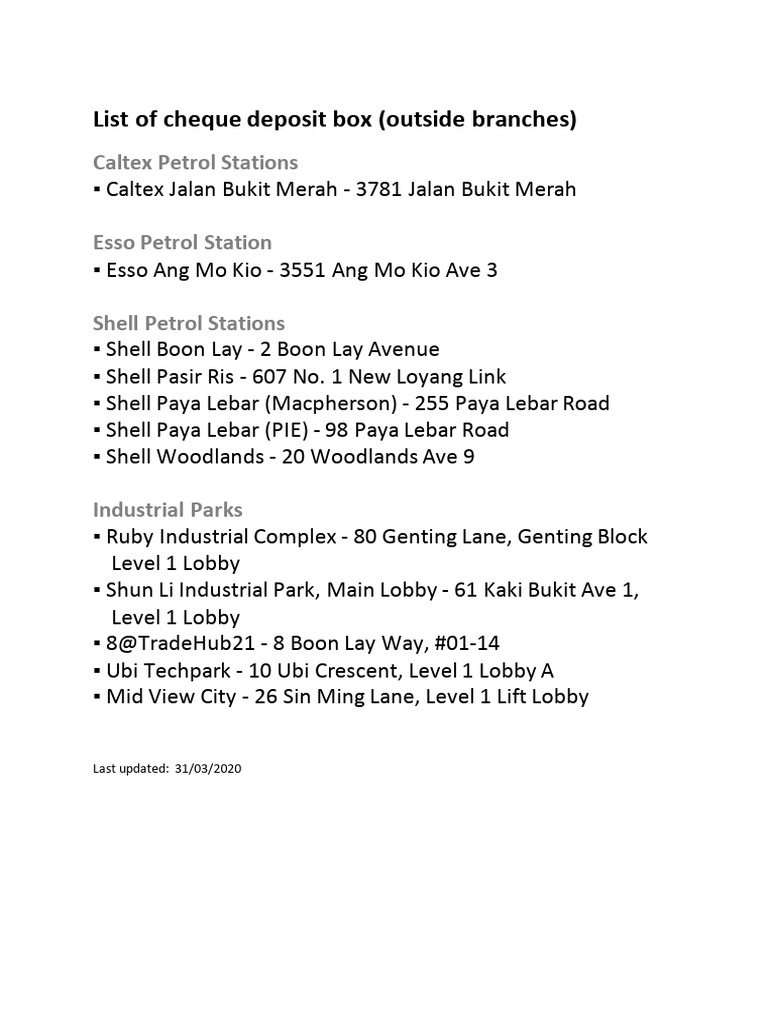 List of Cheque Deposit Box (Outside Branches) | PDF