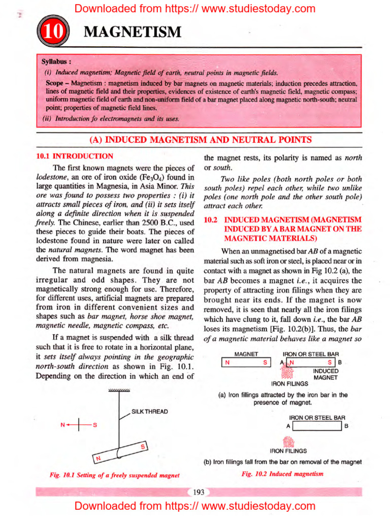 ICSE Class 9 Physics Chapter 10 Magnetism | PDF
