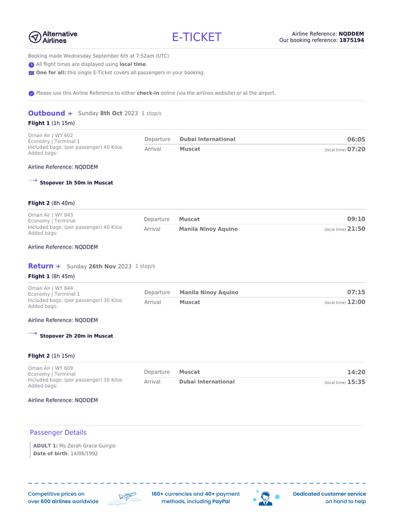 Flight Eticket 1875194 | PDF