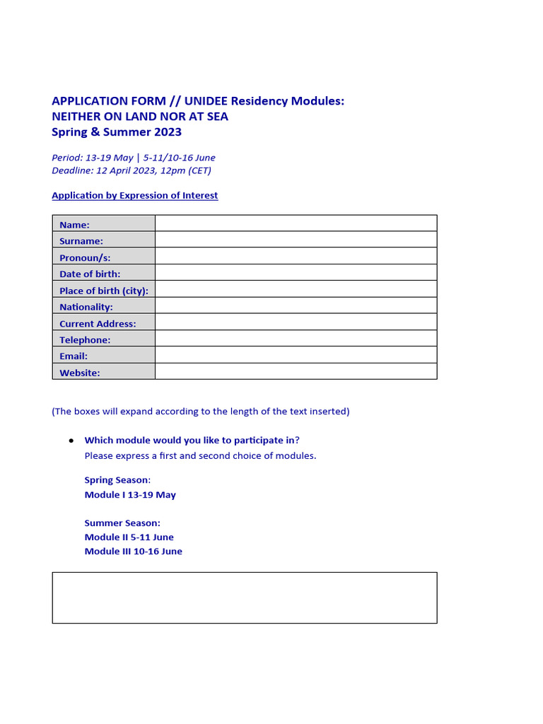 UNIDEE - Spring Summer 2023 - Application Form | PDF