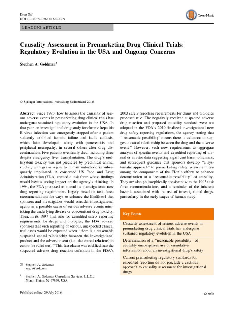 Causality Assessment in Premarketing Drug Clinical Trials Regulatory ...