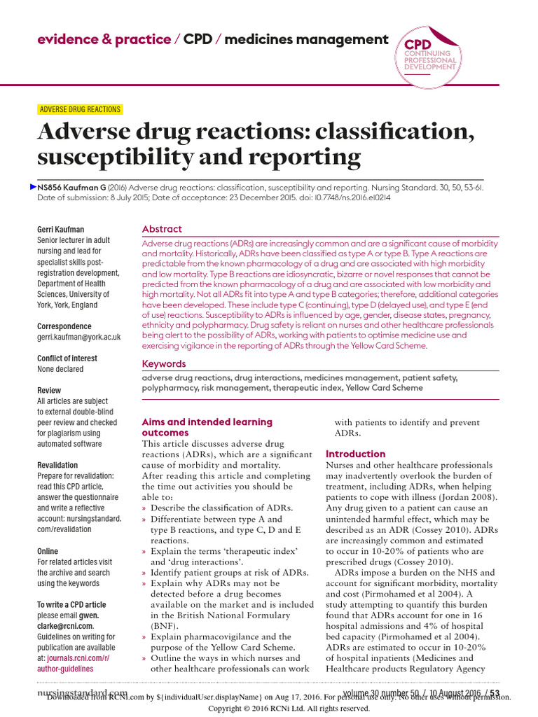 Adverse Drug Reactions Classification, Susceptibility and Reporting | PDF | Clinical Trial ...