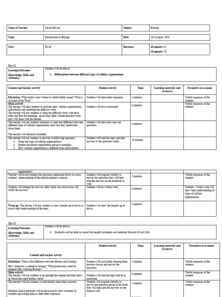 Lesson Plan Introduction To Biology and Solving A Biological Problem ...