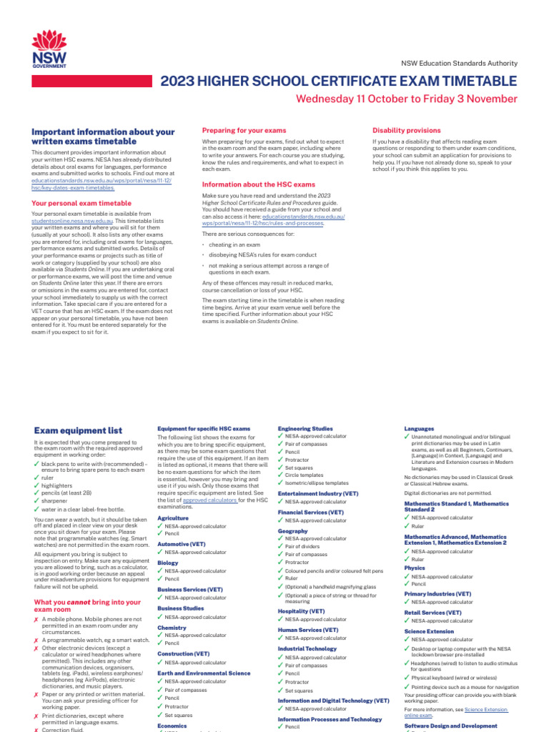 2023 HSC Written Exam Timetable 0 | PDF