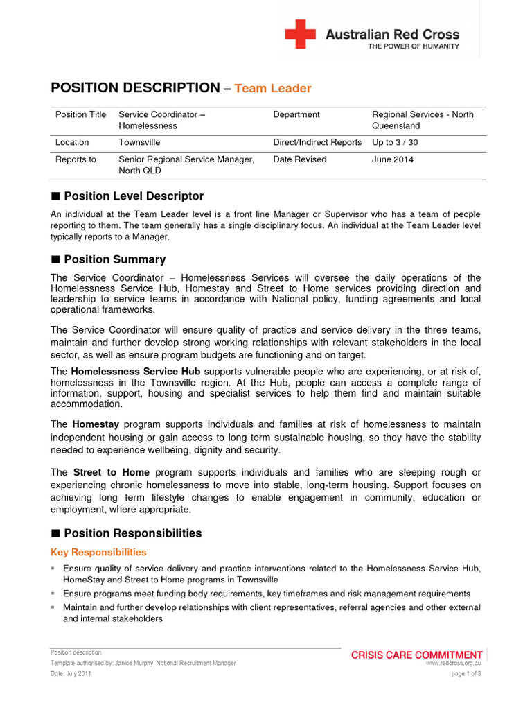 Team Leader Position Description - Homelessness | PDF
