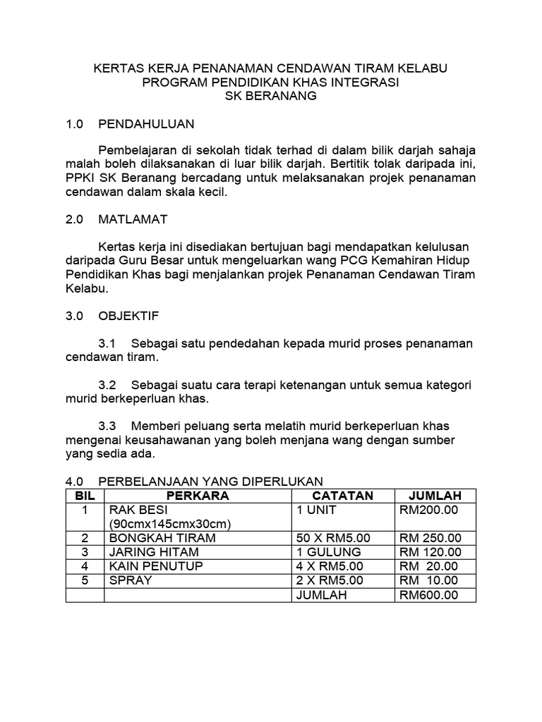 Kertas Kerja Penanaman Cendawan Tiram Kelabu | PDF