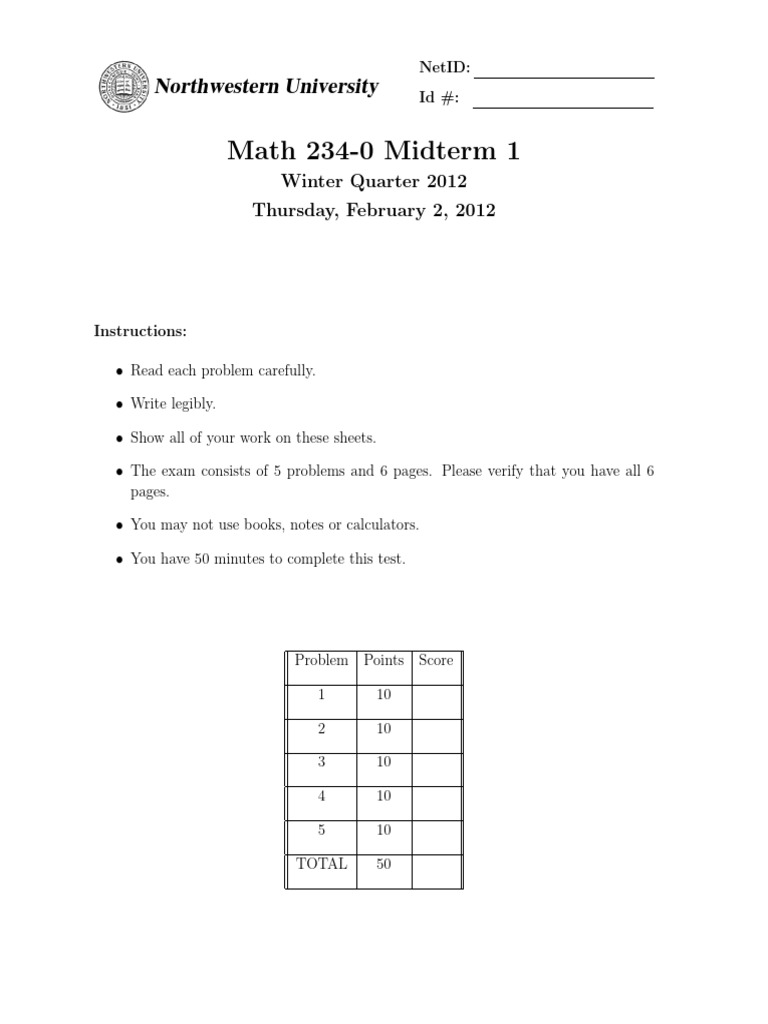 Math 234 Winter 2012 Test 1 | Download Free PDF | Integral | Sphere