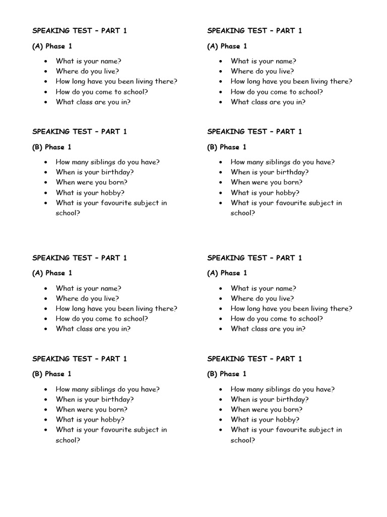 Speaking Test Guidelines and Topics | PDF | Meal