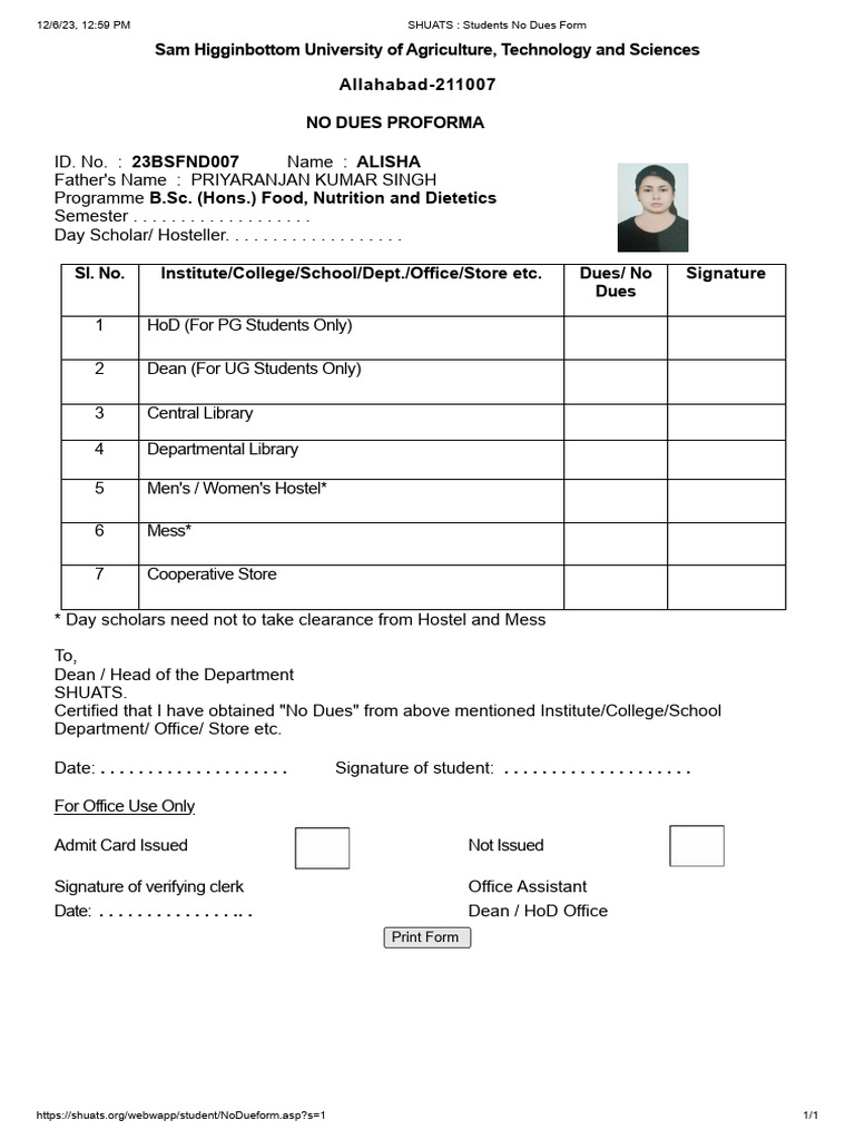 SHUATS No Dues Certificate Form | PDF