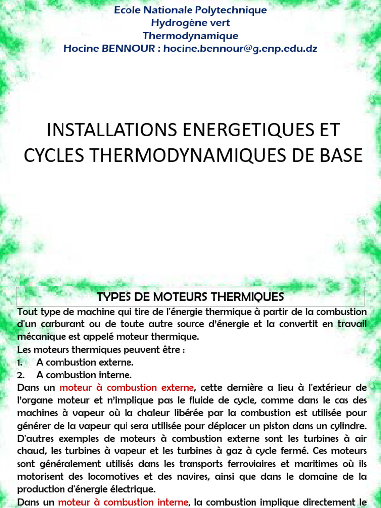 Cours 7 - Installations Energétiques Et Cycles Thermodynamiques de Base ...
