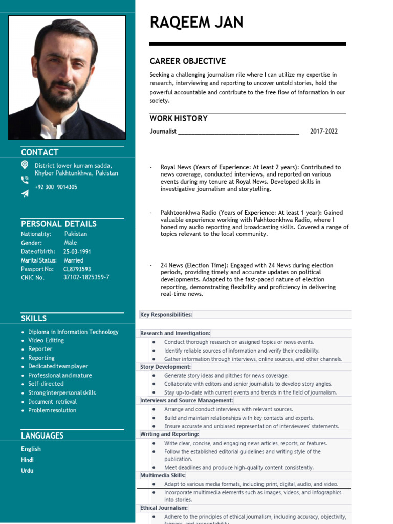 Raqeem Jan New CV 2023 | PDF | Journalism | News