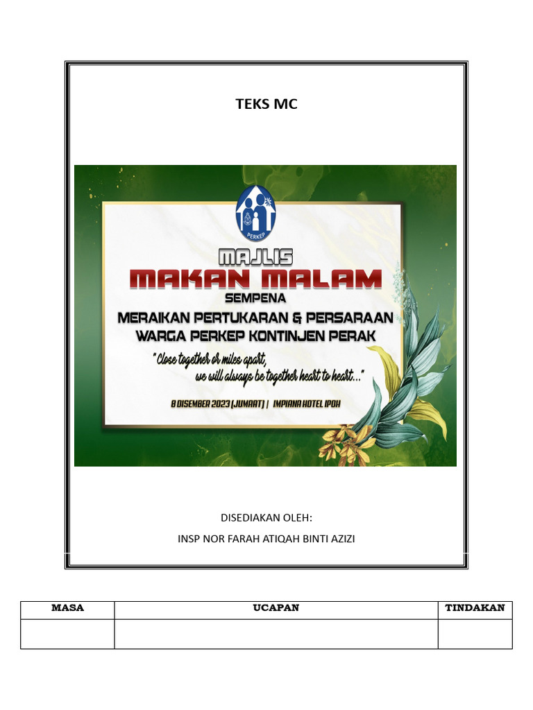 Teks MC Majlis Makan Malam Sempena Meraikan Pertukaran Dan Persaraan | PDF