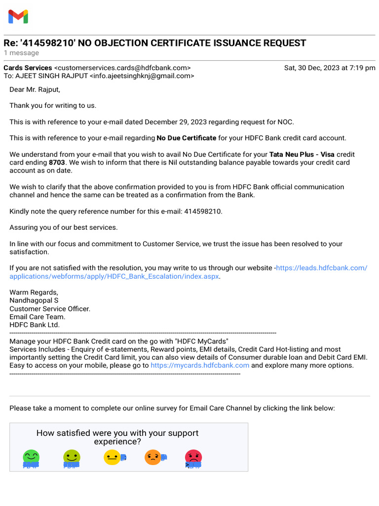 HDFC Bank NOC Issuance Confirmation | PDF | Credit Card | Credit