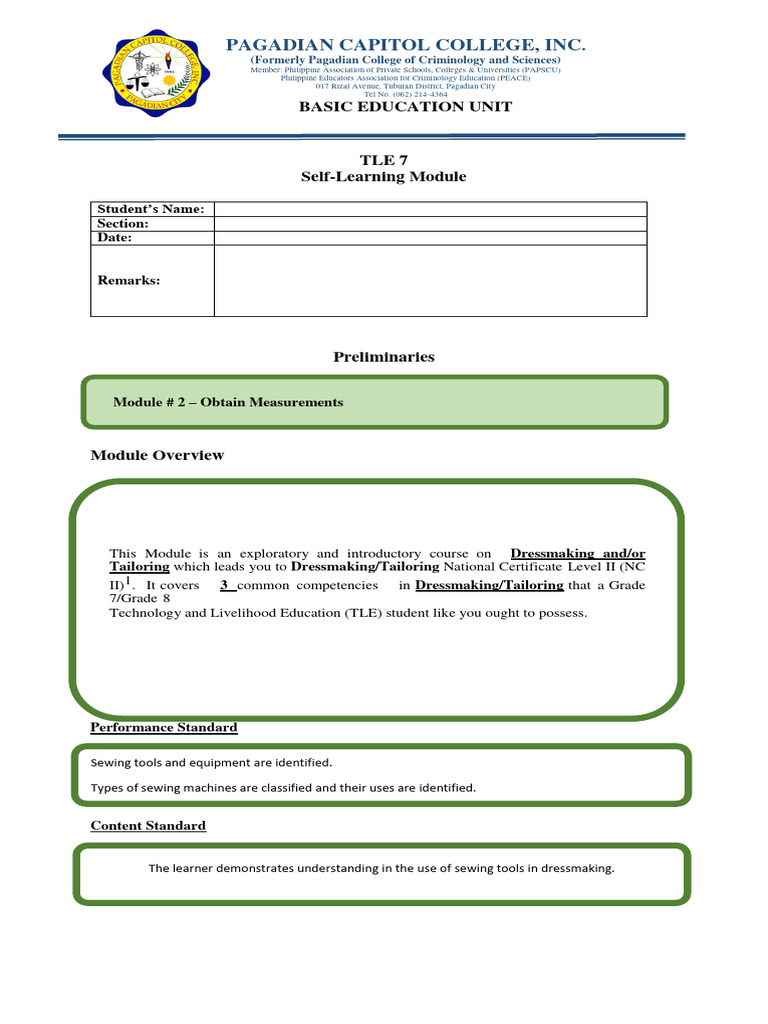 Tle 7 Lesson 2 | PDF | Sewing | Measurement