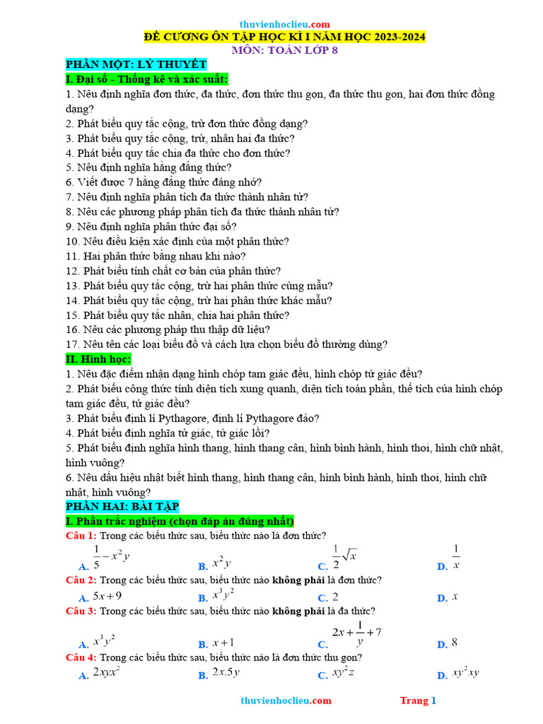 De Cuong On Tap Toan 8 CTST HK1 | PDF